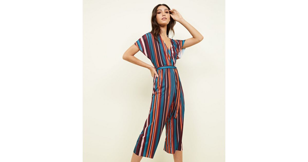 Multi Coloured Stripe Ribbed Wrap Front Jumpsuit | New Look
