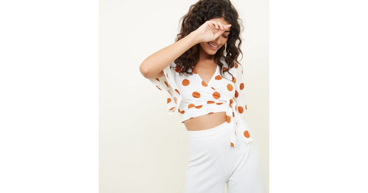 Camel and White Spot Print Flutter Sleeve Crop Top | New Look