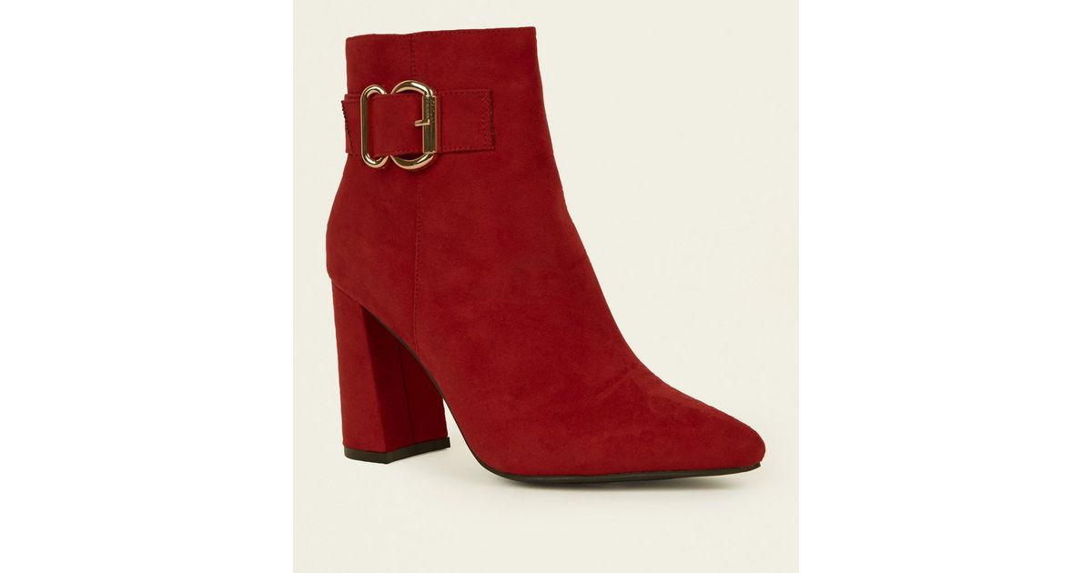 Red Suedette Buckle Side Flared Heel Boots | New Look