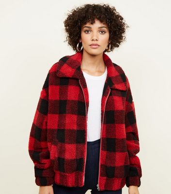 Red Check Teddy Bomber Jacket | New Look