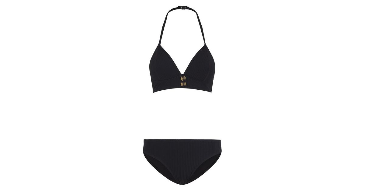 Girls Khakifarbenes Geripptes Bikini Set Mit Knopfleiste Vorne New