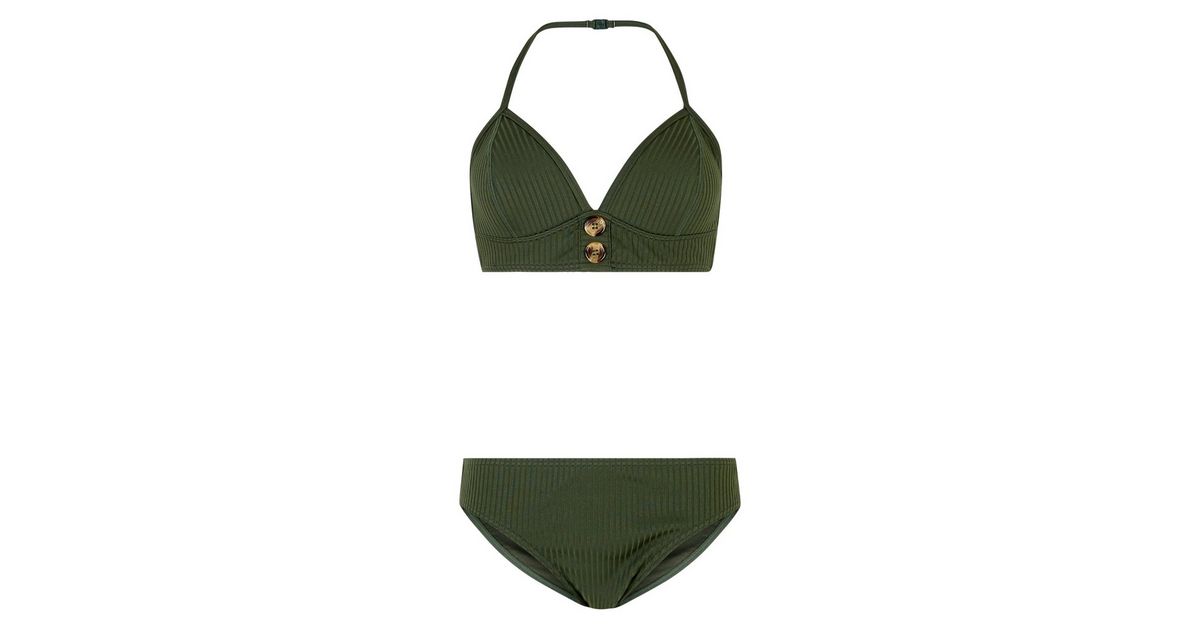 Girls Khakifarbenes Geripptes Bikini Set Mit Knopfleiste Vorne New
