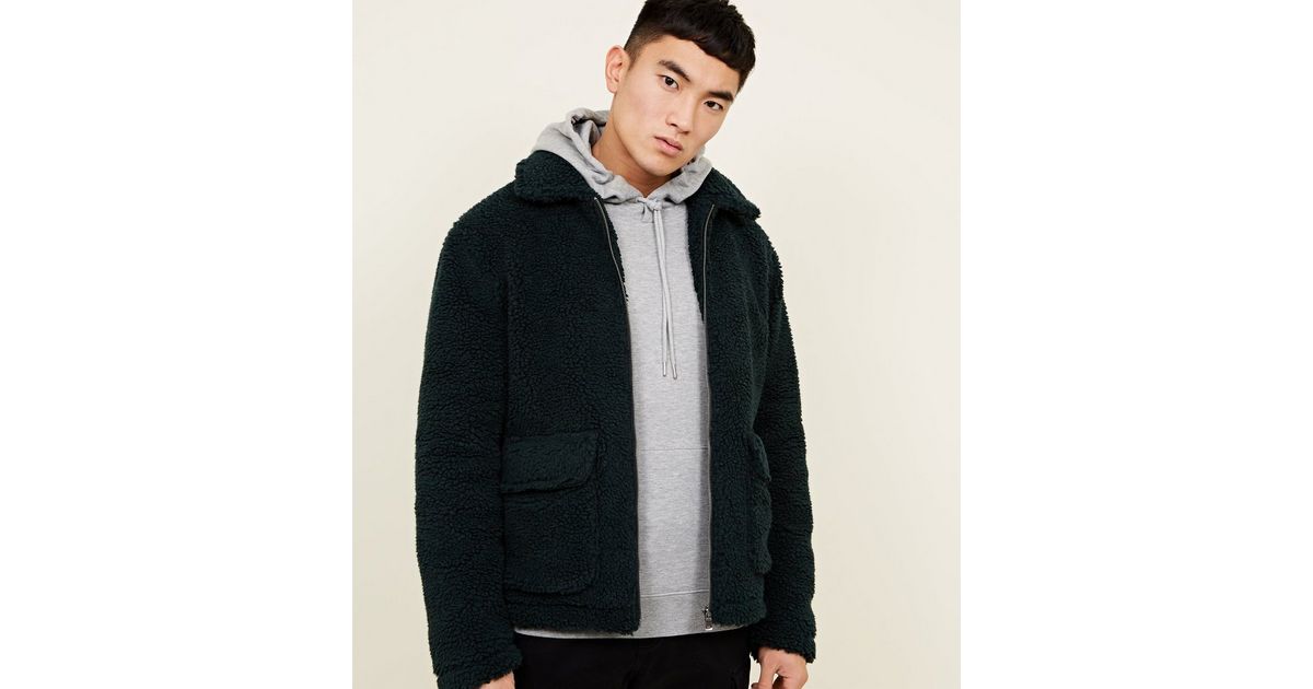 Dark Green Borg Zip Up Jacket | New Look