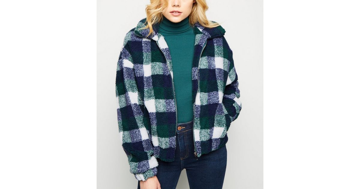 Green Check Teddy Borg Bomber Jacket | New Look