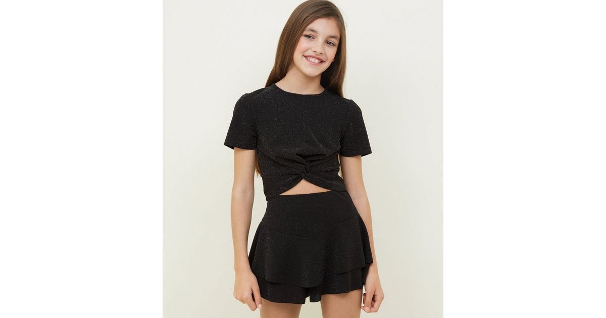 Girls Black Glitter Frill Skort | New Look