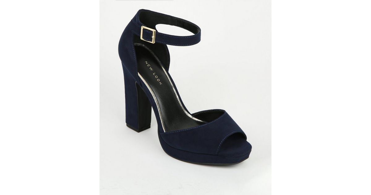 Navy Suedette Peep Toe Platform Block Heels New Look