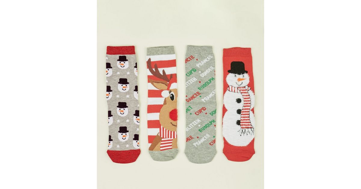 4 Pack Red Glitter Rudolph & Friends Christmas Socks | New Look