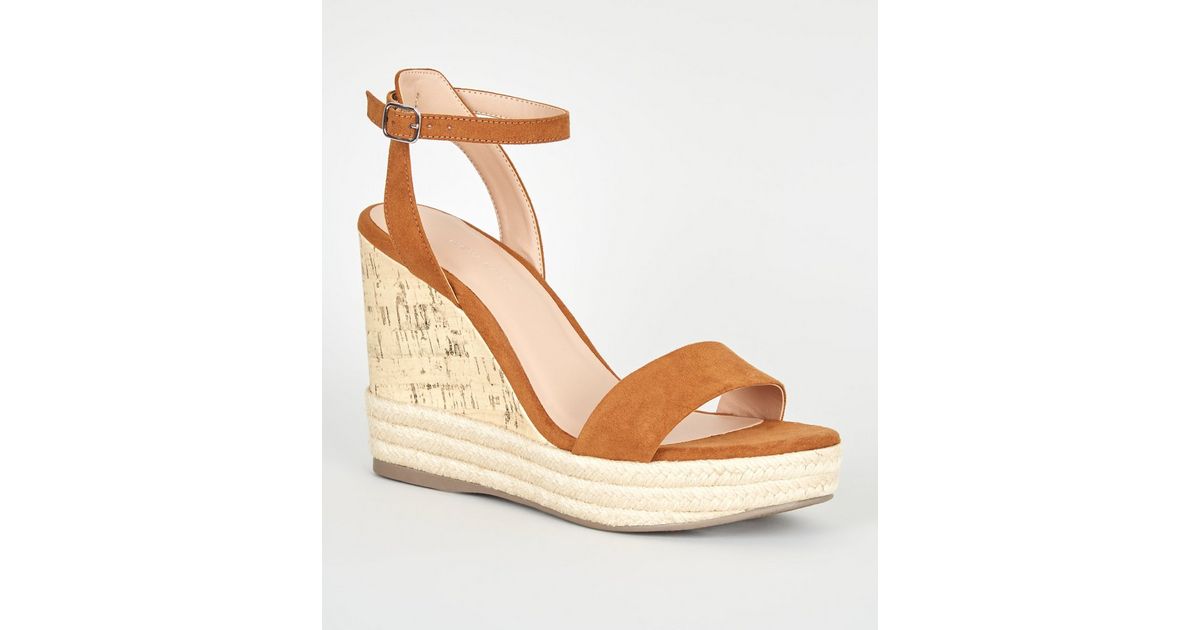 Tan Suedette Espadrille Trim Cork Wedges | New Look