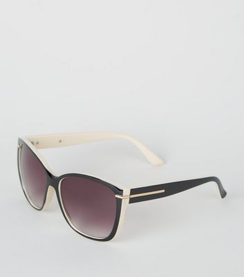 Black and Cream Contrast Rectangular Sunglasses | New Look