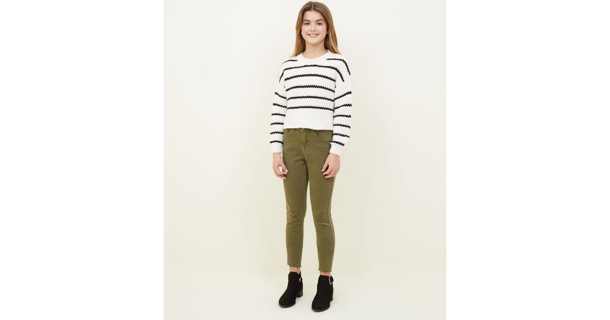 Girls Khaki Ripped Skinny Jeans | New Look