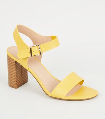 Wide Fit Yellow Leather-Look 2 Part Block Heels | New Look