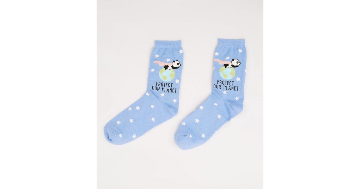 Pale Blue Protect Our Planet Panda Socks | New Look