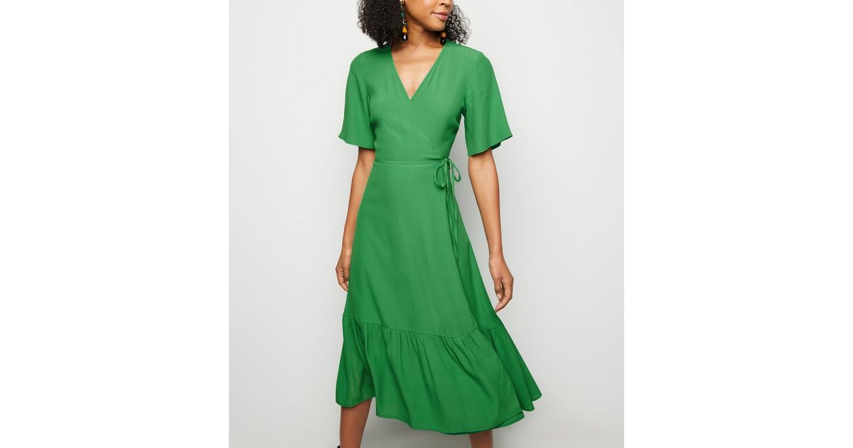 Green Tiered Midi Wrap Dress New Look
