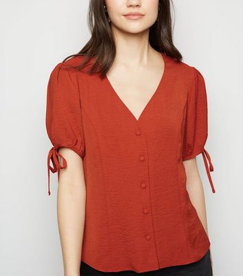 Rust Button Up Puff Sleeve Blouse | New Look
