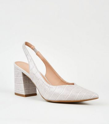 Grey Faux Croc Flared Heel Slingbacks | New Look
