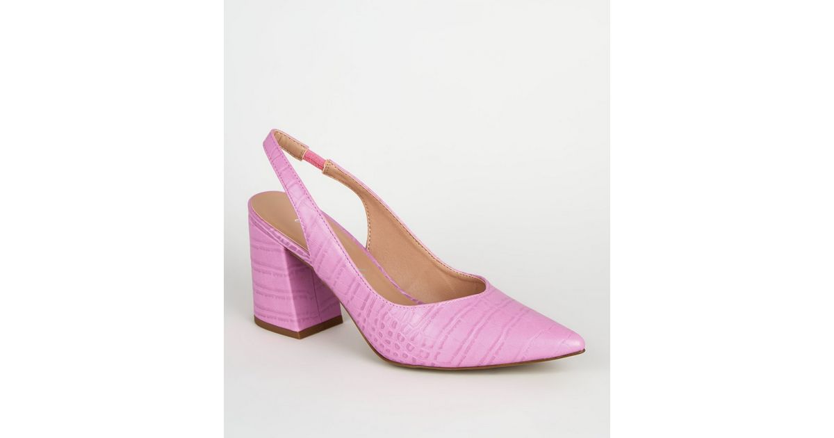 Pale Pink Faux Croc Flared Heel Slingbacks | New Look