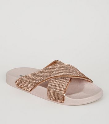 Rose Gold Diamanté Cross Strap Sliders | New Look