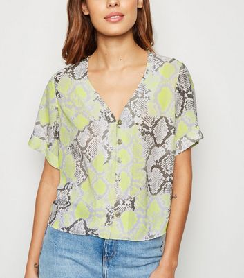Green Neon Snake Print Button Up Shirt | New Look