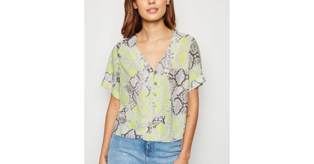 Green Neon Snake Print Button Up Shirt | New Look