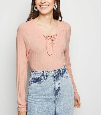 Pale Pink Ribbed Lace Up Top | New Look