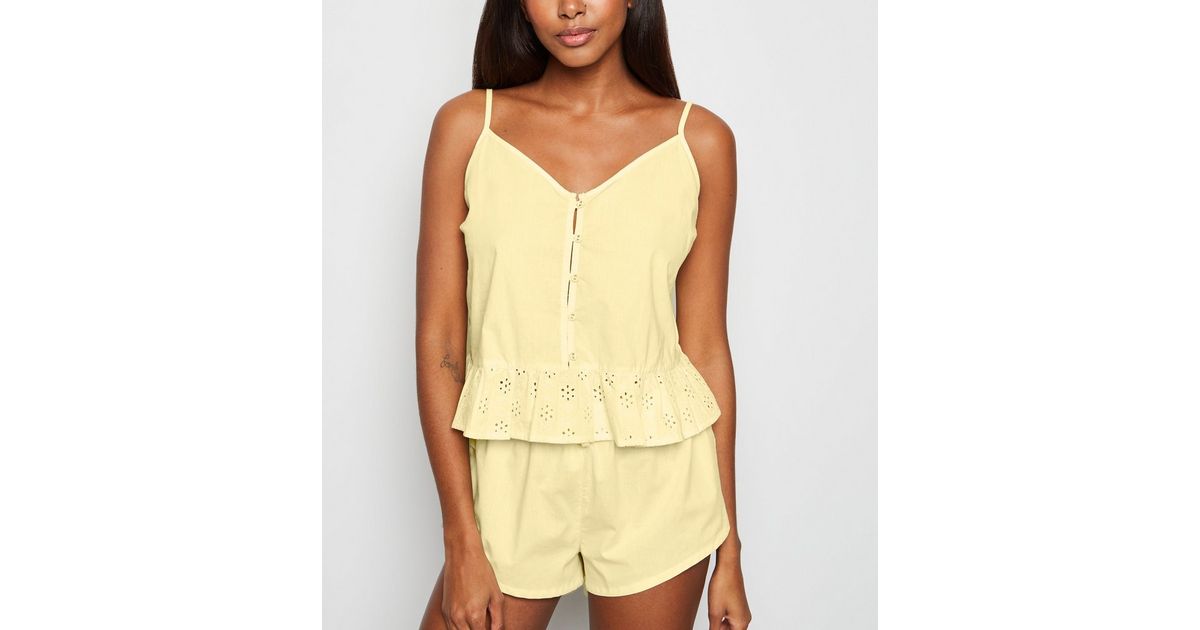 Pale Yellow Broderie Tie Front Pyjama Set | New Look