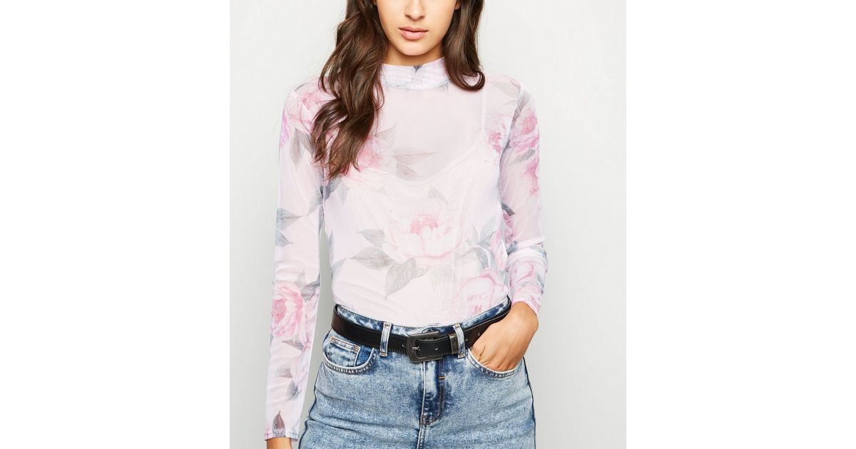 Pink Floral Mesh High Neck Crop Top | New Look