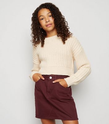 Girls Burgundy Denim Skirt New Look