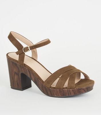 Wide Fit Tan Suedette Wood Platform Sandals | New Look