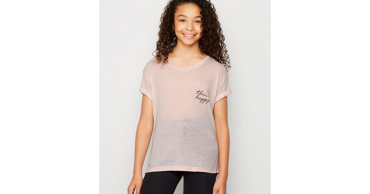 Girls Pale Pink Burnout Think Happy Slogan T-Shirt | New Look