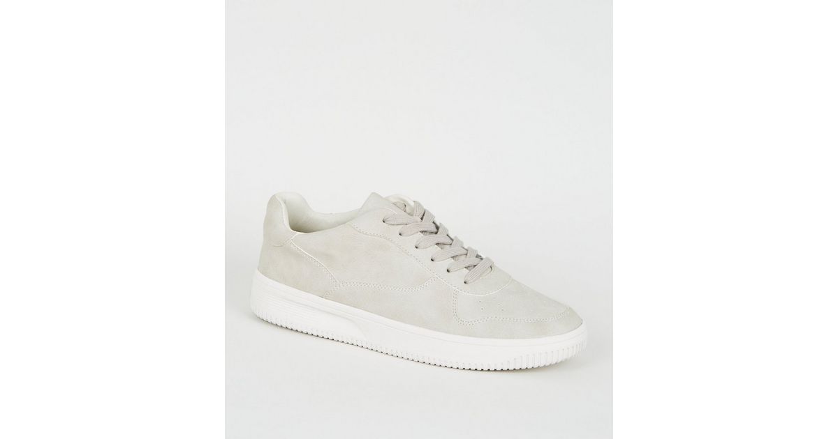 Grey Leather-Look Lace-Up Trainers | New Look