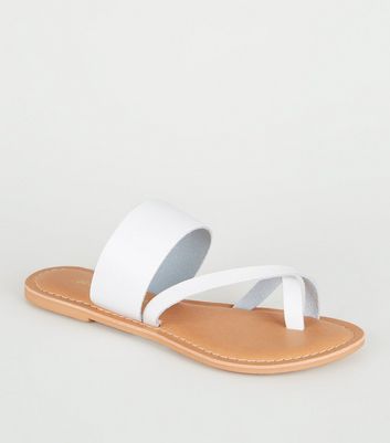White Leather Toe Loop Strappy Sliders | New Look