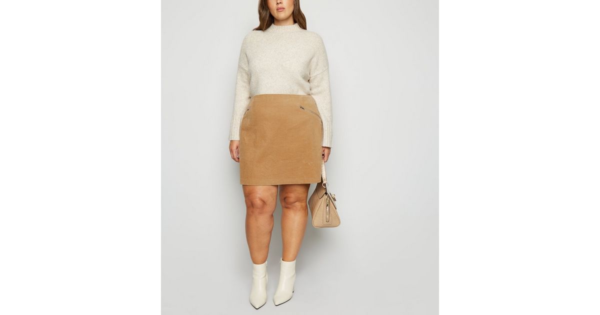 Curves Camel Corduroy Zip Skirt New Look