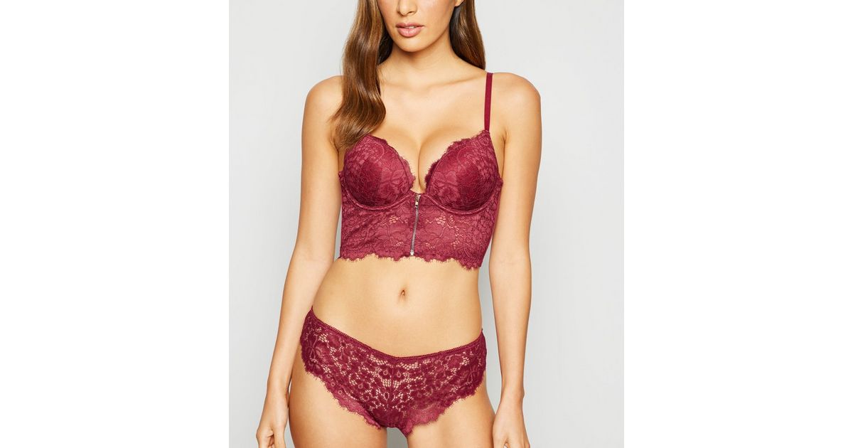 Plum Eyelash Lace Zip Longline Push-Up Bra | New Look