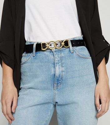 Black Faux Croc Double Ring Buckle Belt | New Look