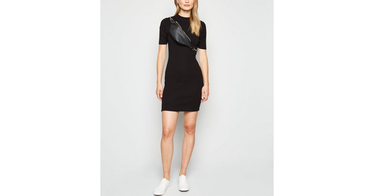 Black Ribbed High Neck T-Shirt Dress | New Look