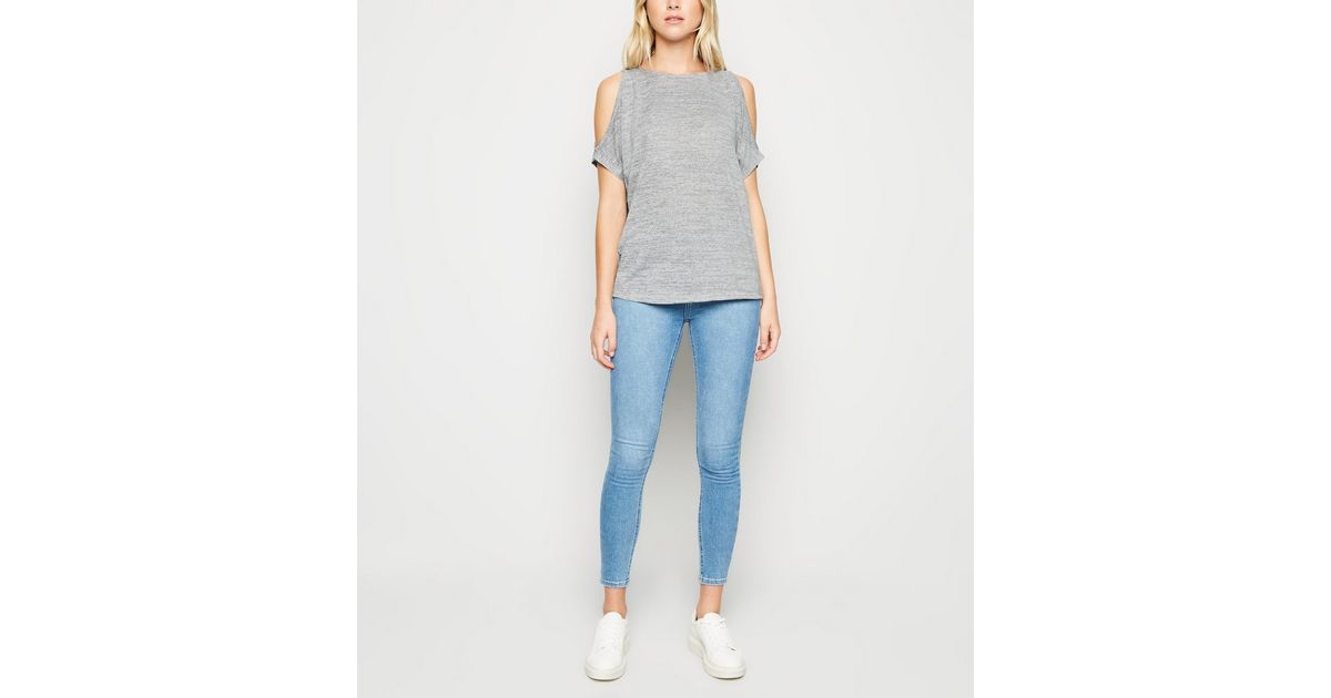 Grey Fine Knit Cold Shoulder Top | New Look