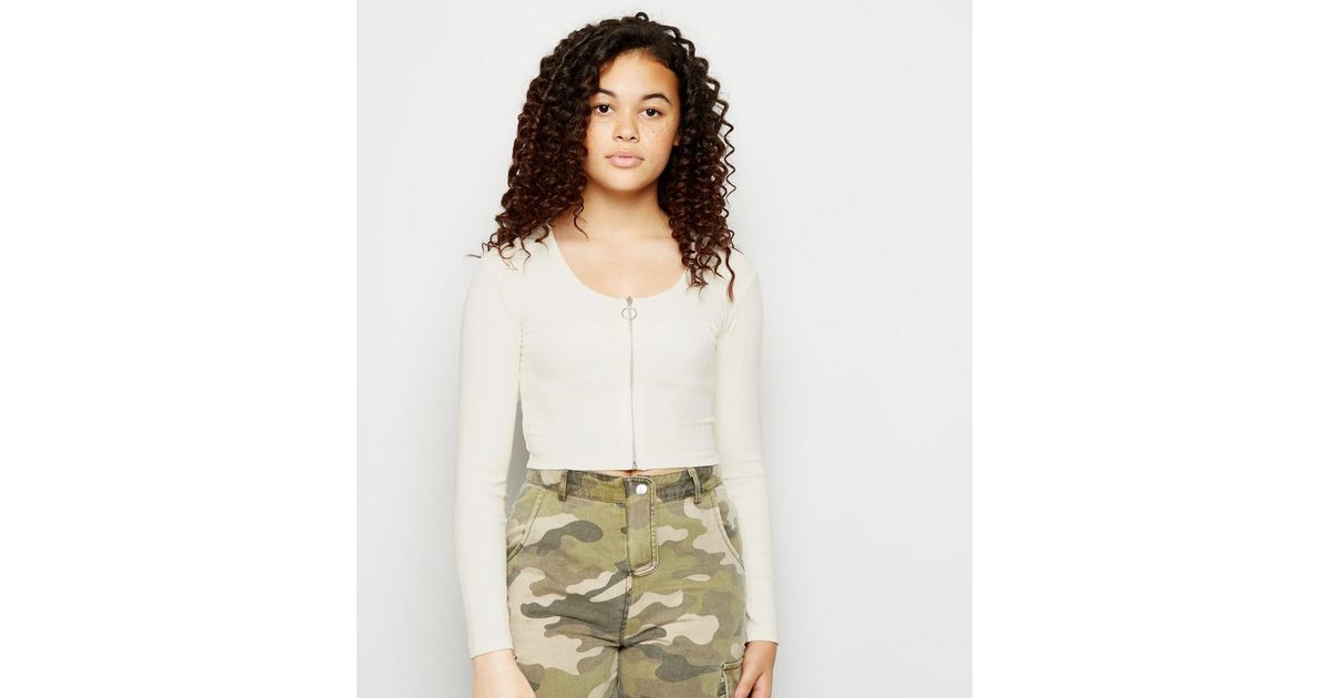 Girls Cream Zip Front Ribbed Top | New Look