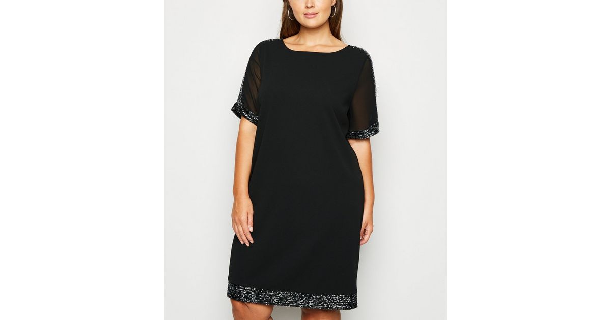 Curves - Robe droite noire en tulle à bordure à paillettes | New Look