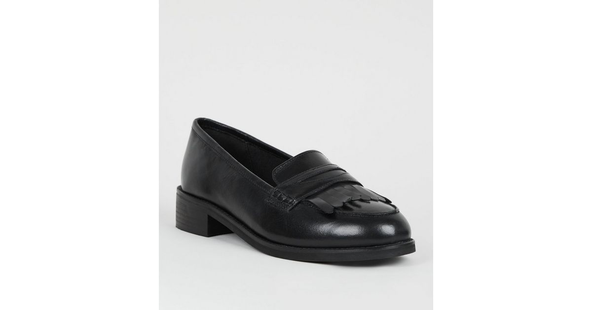 Wide Fit Black Leather Fringe Loafers | New Look