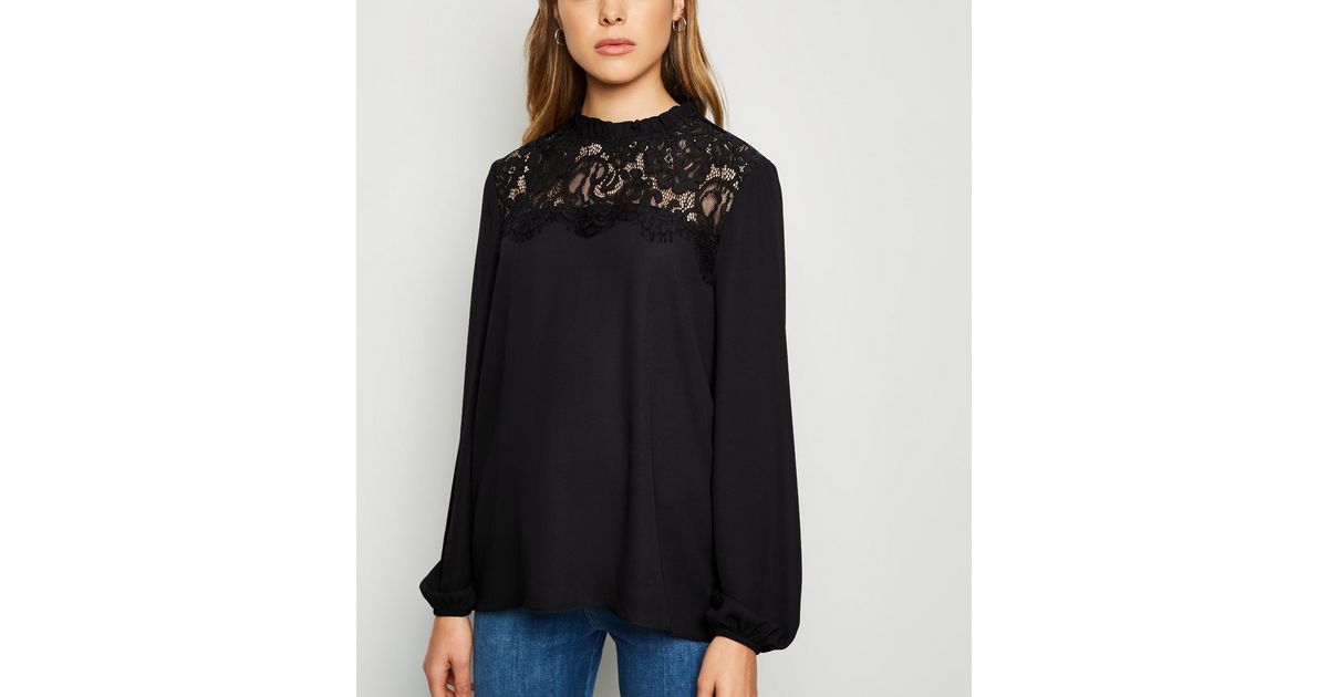 Black Chiffon Lace Panel Blouse | New Look