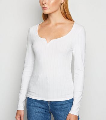 White Ribbed Long Sleeve Notch Neck T-Shirt | New Look