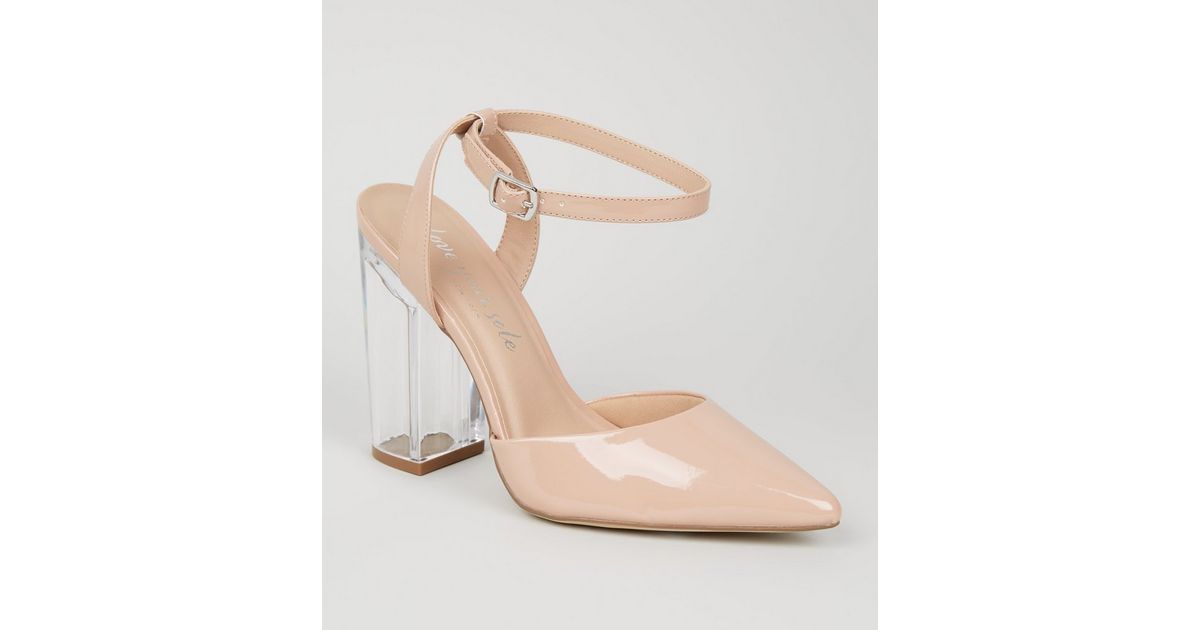 Pale Pink Patent Clear Block Heel Court Shoes | New Look