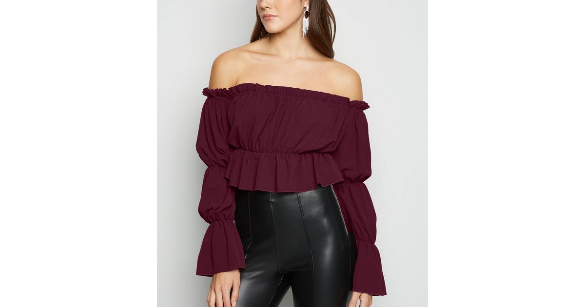 Burgundy Ruffle Trim Bardot Top New Look