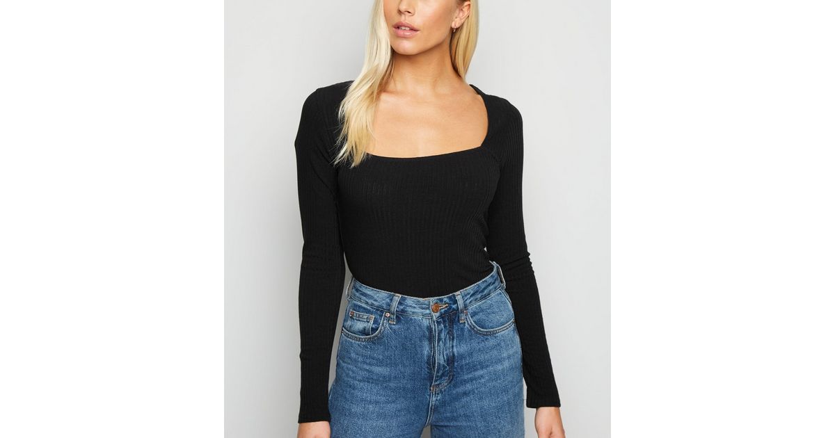 Black Ribbed Square Neck Long Sleeve Top | New Look