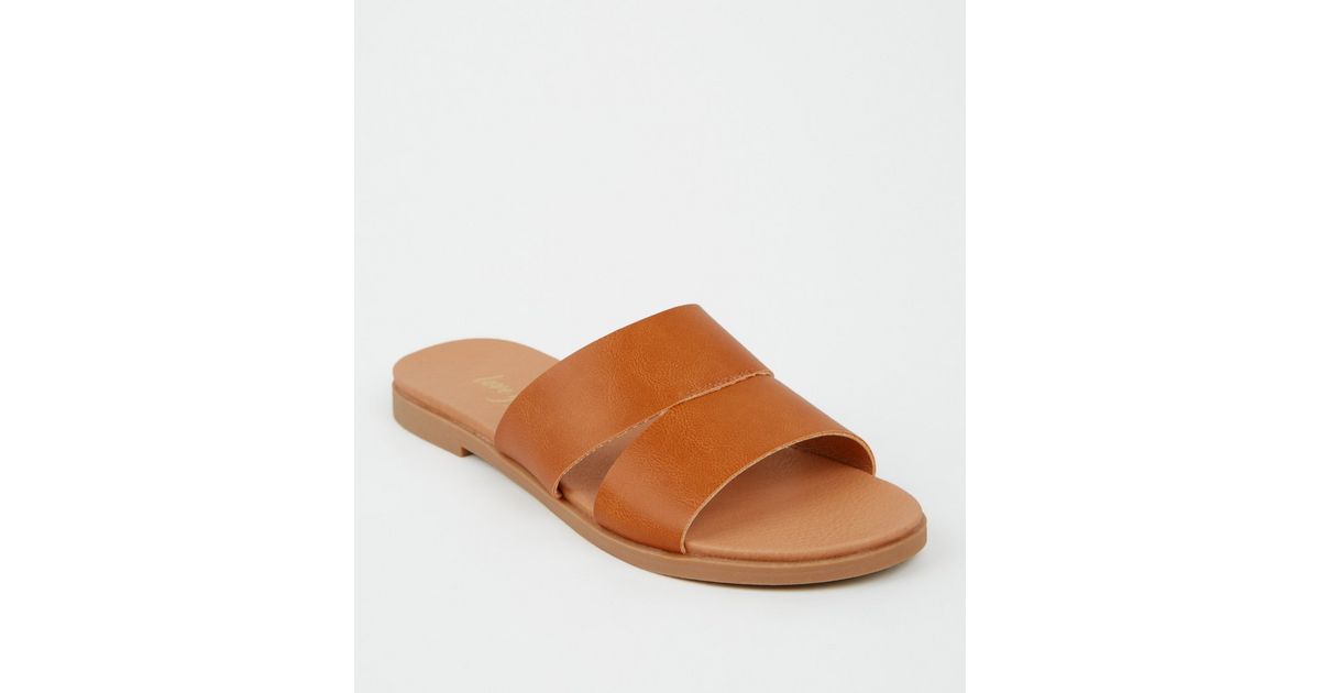 Tan Leather-Look Footbed Sliders | New Look