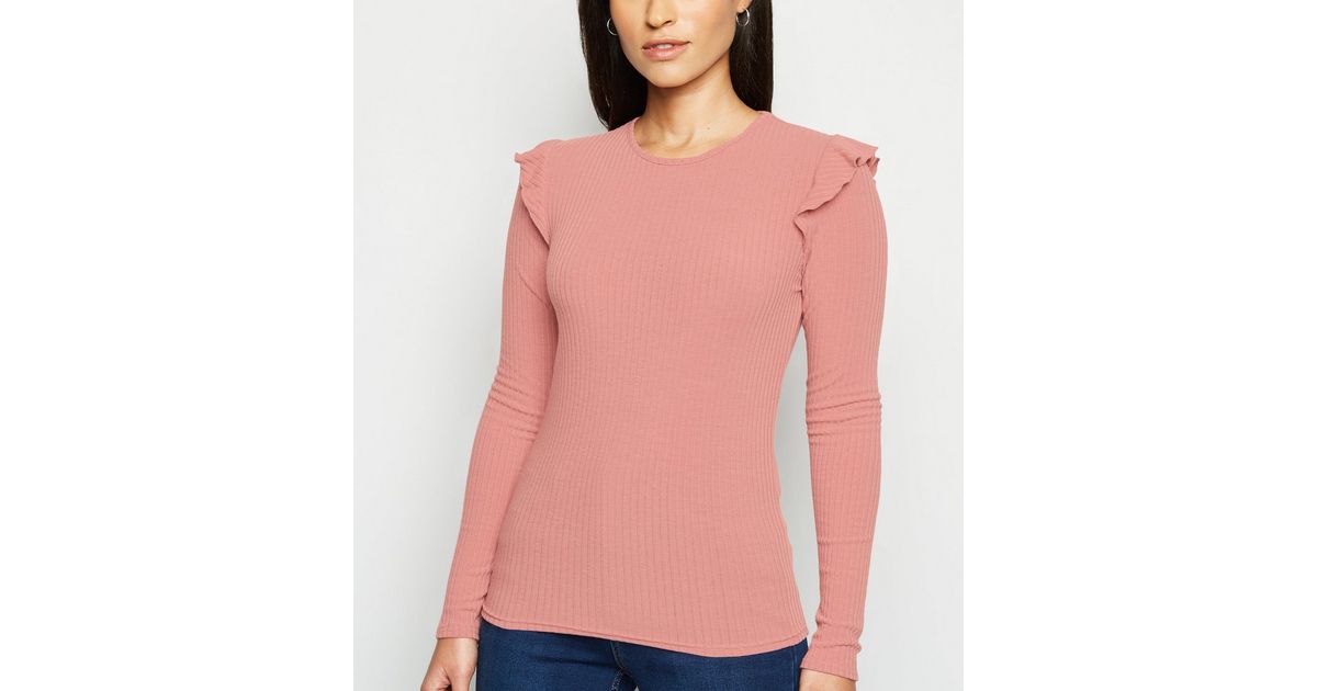 Pink Ribbed Frill Long Sleeve Top | New Look
