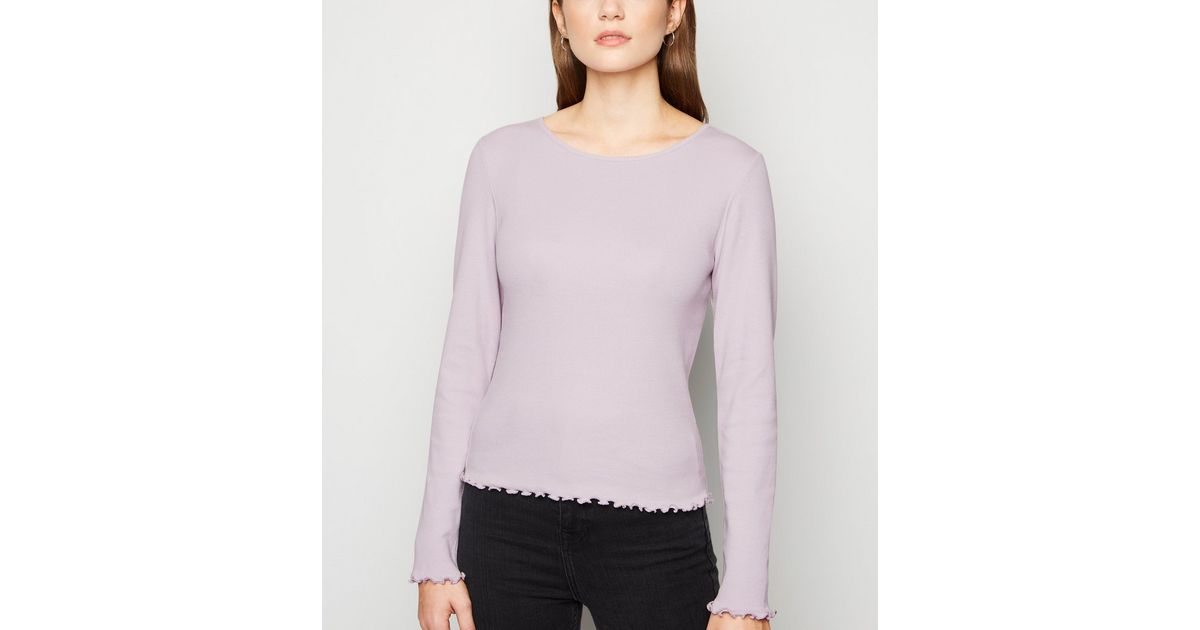 Lilac Frill Ribbed Long Sleeve Top | New Look