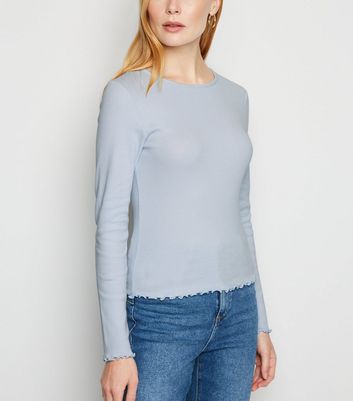 Pale Blue Frill Ribbed Long Sleeve Top | New Look