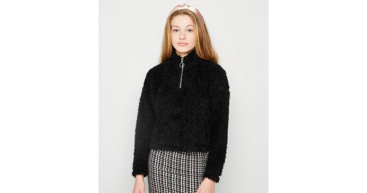 Girls Black Fluffy Half Zip Sweatshirt | New Look