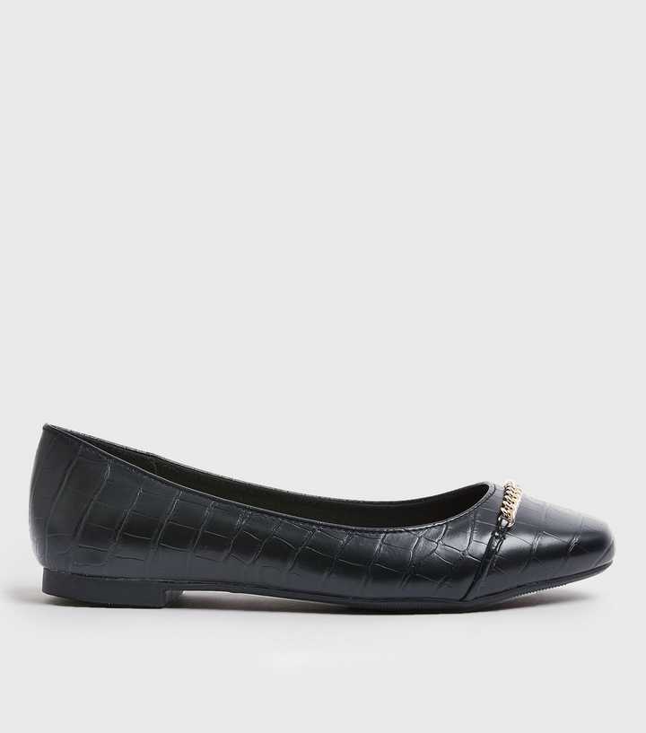 Wide Fit Black Faux Croc Chain Ballet Pumps | New Look